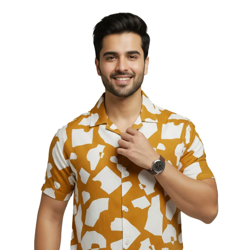 Men's Abstract Print Cuban Collar Lilen Shirt - Adar Bepari (Shop)